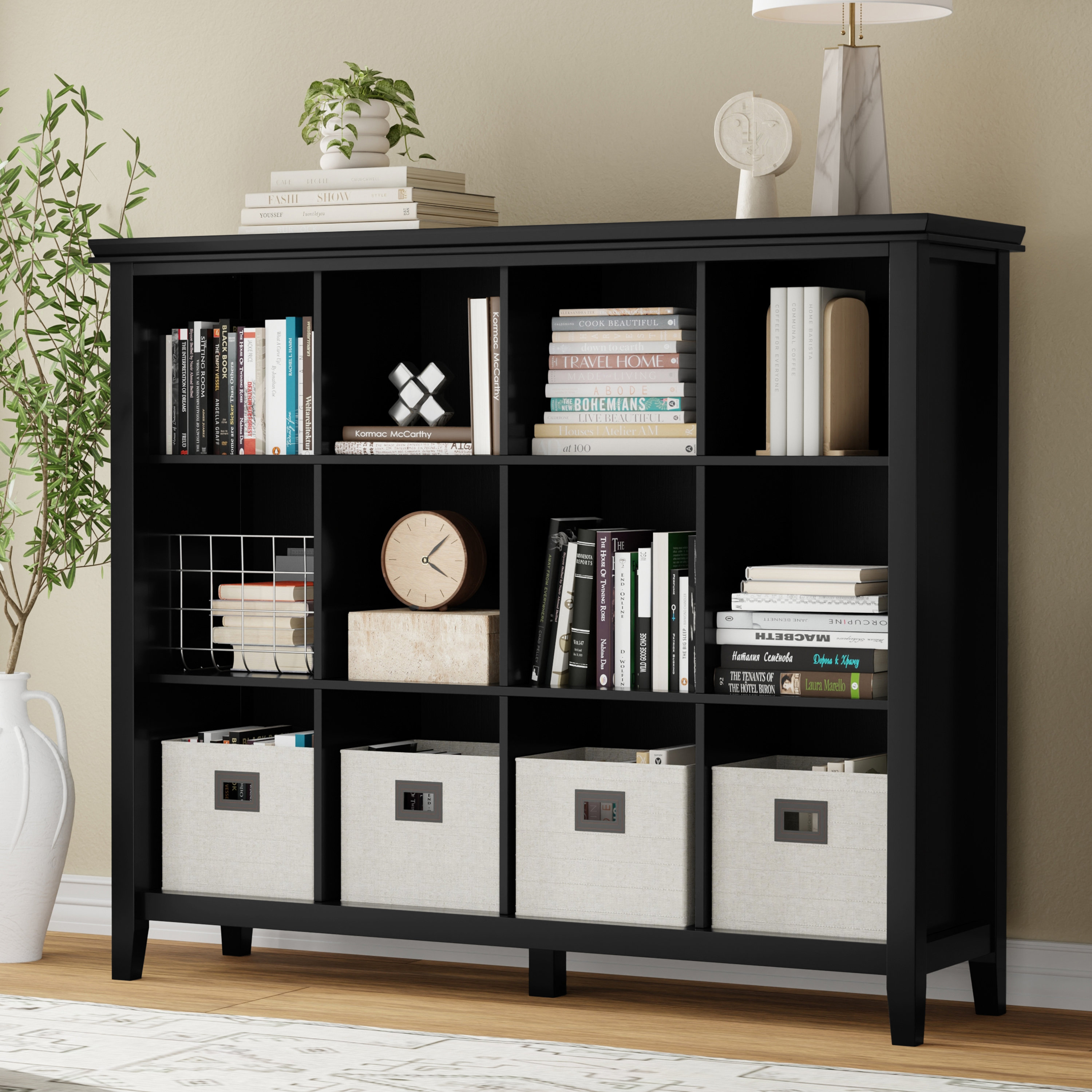 Simpli Home Artisan 57"W Solid Wood 12 Cube Storage Bookcase with Fixed Shelves | Wayfair